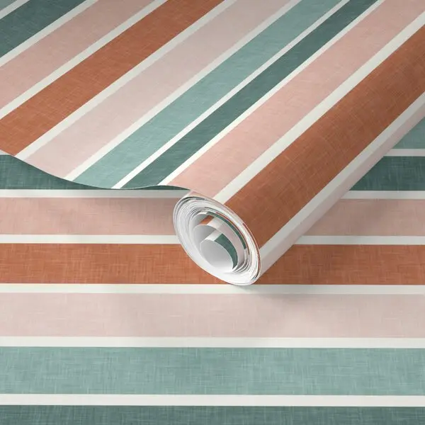 Spoonflower Blue Sunset Stripe Trendy Striped Bohemian Custom Pre-pasted Wallpaper - Gray,pink,brown