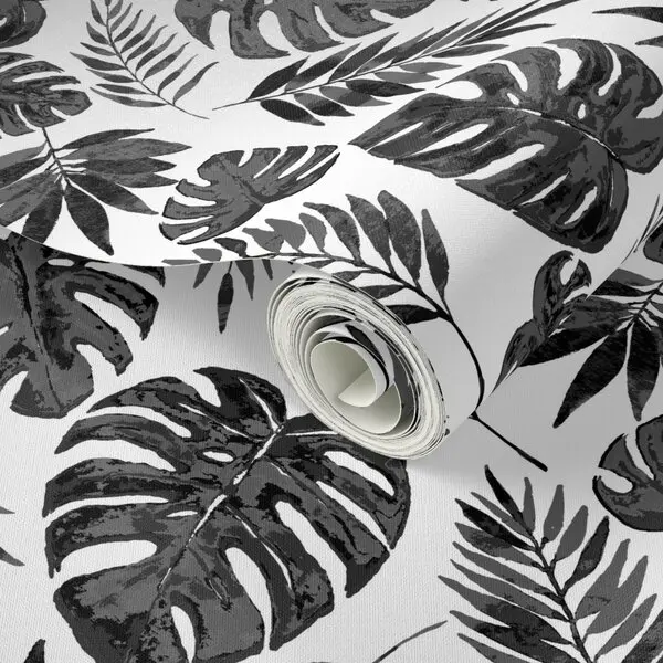 Spoonflower Tropical Leaves Black White Monstera Paradise Traditional Wallpaper - Black,white,gray