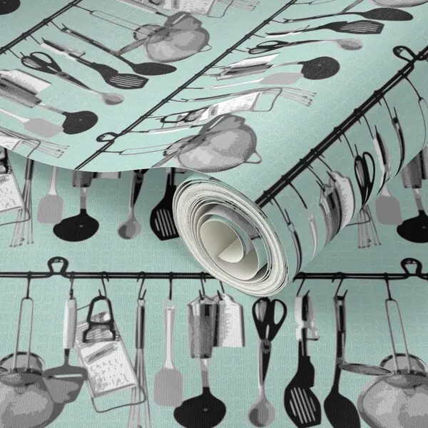 Spoonflower Kitchen Tiles Scissors Sieve Hooks Utensil Fork Custom Pre-pasted Wallpaper - Teal,gray,blue
