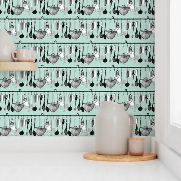Spoonflower Kitchen Tiles Scissors Sieve Hooks Utensil Fork Custom Pre-pasted Wallpaper