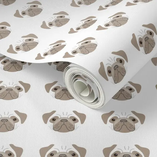 Spoonflower Pugs Brown White Pug Dog Breed Face Dogs Custom Pre-pasted Wallpaper - Gray,brown