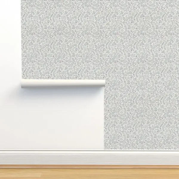 Spoonflower Veronica Soft And Lilac On White 100% Natural Sisal Grasscloth Wallcovering - Blue