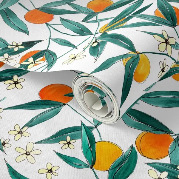 Spoonflower Orange Summer Oranges Fruit Bright Colors Artistic Custom Removable Wallpaper - Orange,green,blue