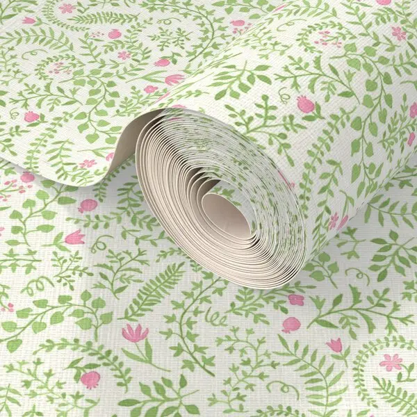 Spoonflower Ditsy Modern Floral Botanical Garden Bloom 100% Natural Sisal Grasscloth Wallcovering - Pink