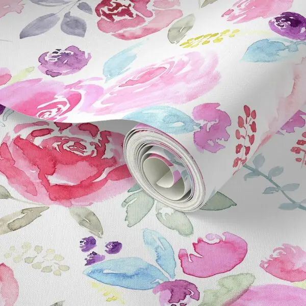 Spoonflower Watercolor Florals Vibrant White Medium Floral Custom Removable Wallpaper - Pink,gray