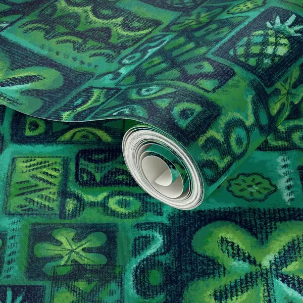 Spoonflower Green Flowers Blue Emerald Waves Retro Tiki Custom Removable Wallpaper - Green,turquoise,blue