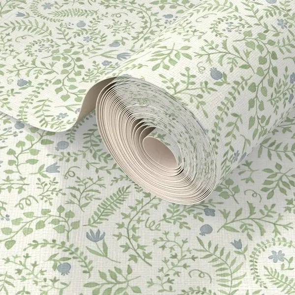 Spoonflower Veronica Soft Blue And Green On White 100% Natural Sisal Grasscloth Wallcovering - Green,blue