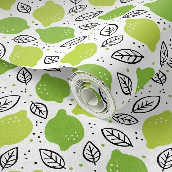 Spoonflower Limes Lime Green Summer Time Fruit Custom Pre-pasted Wallpaper - Black,white,gray