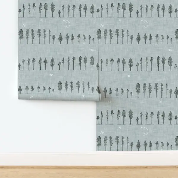 Spoonflower Midnight Forest Trees Woods Woodland Pine Custom Removable Wallpaper - Gray