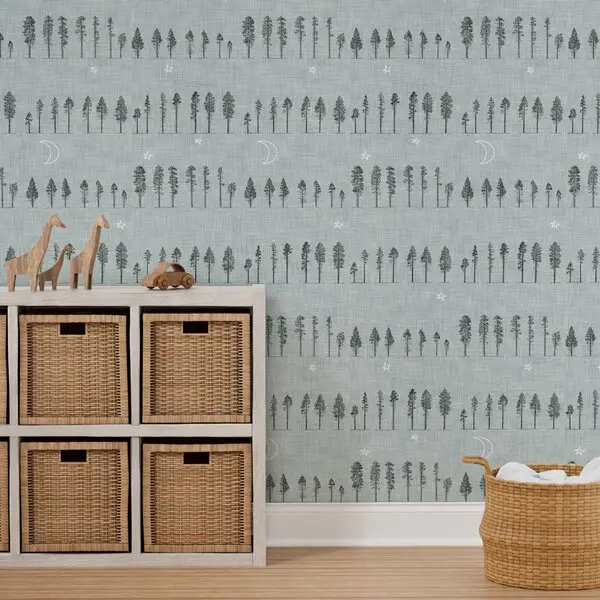 Spoonflower Midnight Forest Trees Woods Woodland Pine Custom Removable Wallpaper - Gray