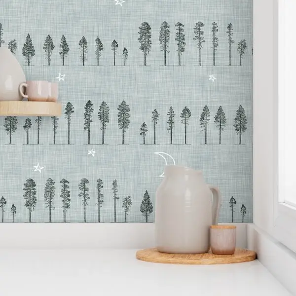 Spoonflower Midnight Forest Trees Woods Woodland Pine Custom Removable Wallpaper - Gray