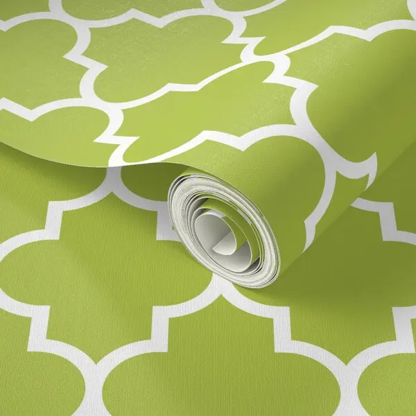 Spoonflower Green Lime Moroccan Lattice Trellis Quatrefoil Traditional Wallpaper - Green,gray