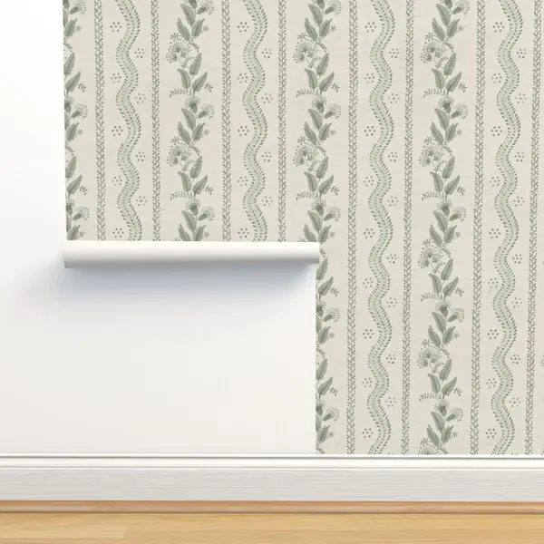 Spoonflower Soft Green On Cream 100% Natural Sisal Grasscloth Wallcovering - Gray,green