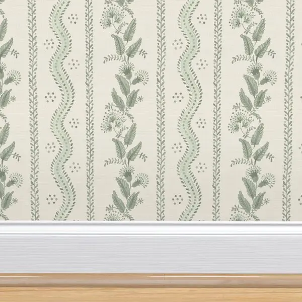 Spoonflower Soft Green On Cream 100% Natural Sisal Grasscloth Wallcovering - Gray,green