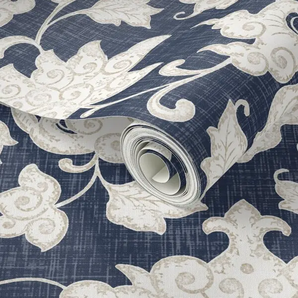 Spoonflower Navy Garden Chinese Chinoiserie Classic Custom Removable Wallpaper - Blue,white,gray
