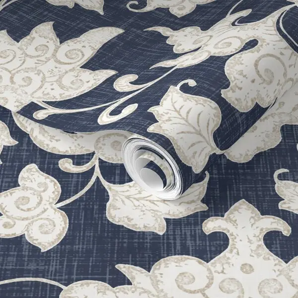 Spoonflower Navy Garden Chinese Chinoiserie Classic Custom Removable Wallpaper - Blue,white,gray