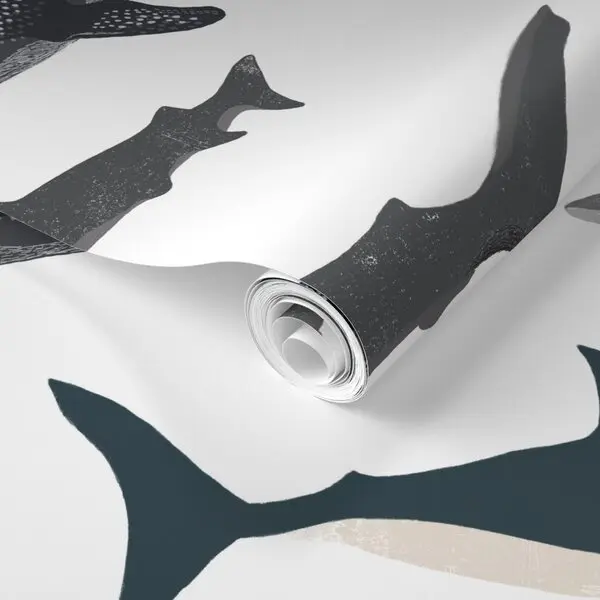 Spoonflower Shark Nautical Ocean White Gray Navy Hammerhead 100% Natural Sisal Grasscloth Wallcovering - Black,white,gray