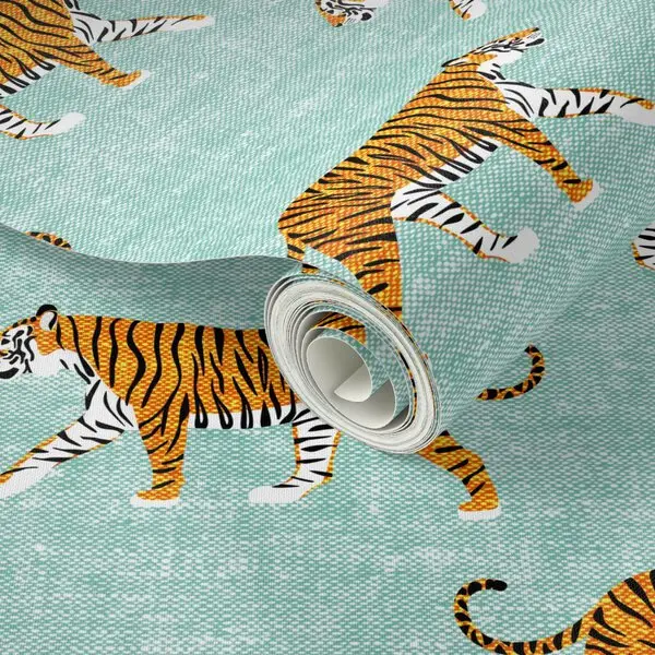 Spoonflower Tiger Dark Mint Modern Trendy Little Arrow Safari Traditional Wallpaper - Blue,orange,teal