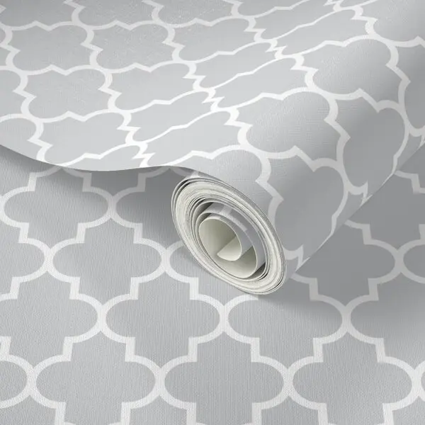 Spoonflower Grey Moroccan Lattice Trellis Quatrefoil Light Custom Removable Wallpaper - White,gray