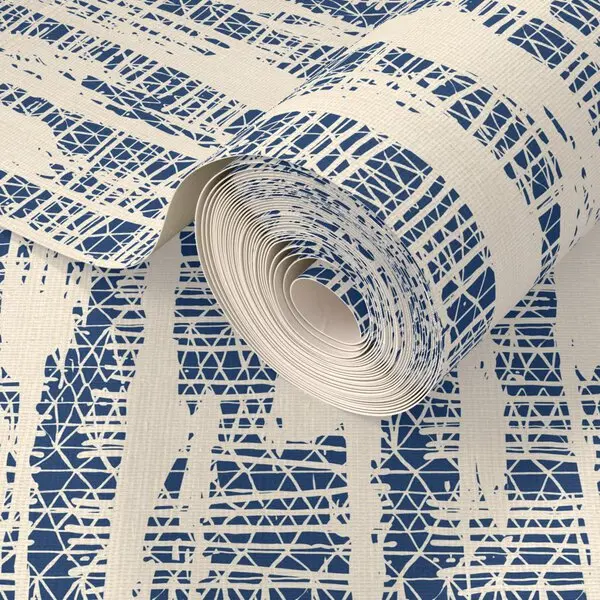 Spoonflower Shibori6aipttrn Ind Lace Watercolor Brush Navy 100% Natural Sisal Grasscloth Wallcovering - White