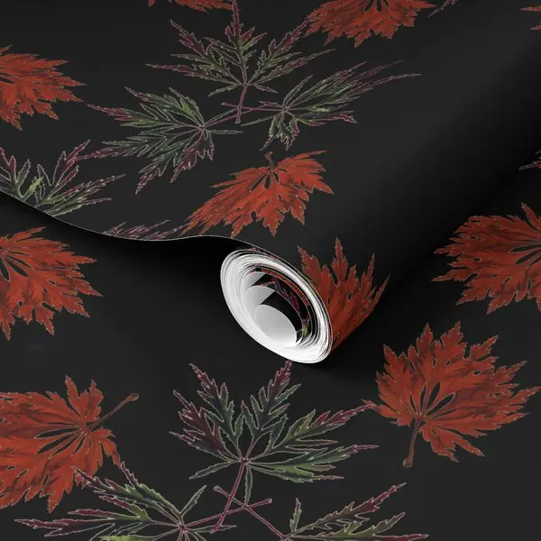 Spoonflower Maple Japanese Botanical Illustration Leaves Fall Custom Pre-pasted Wallpaper - Brown,black,red