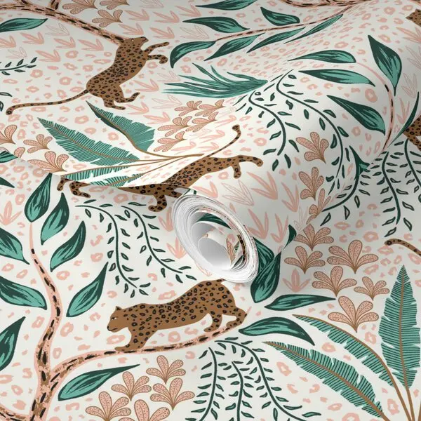 Spoonflower Nature Forest Cat Rose Whimsical Jungle Custom Removable Wallpaper - Green,gray,brown
