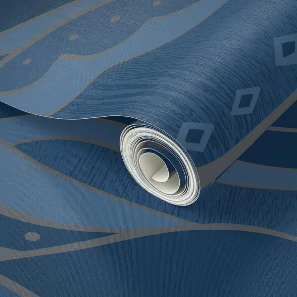 Spoonflower Monochromatic Dark Navy Ocean Waves Tide Custom Pre-pasted Wallpaper - Blue