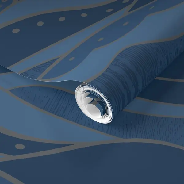 Spoonflower Monochromatic Dark Navy Ocean Waves Tide Custom Pre-pasted Wallpaper - Blue