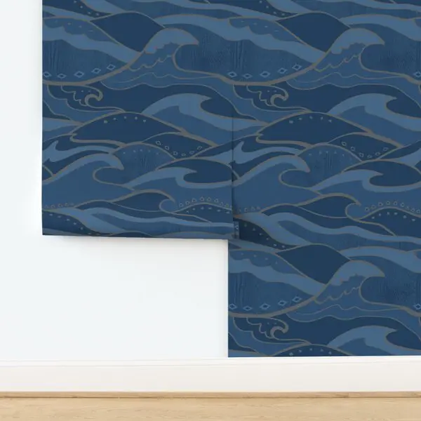 Spoonflower Monochromatic Dark Navy Ocean Waves Tide Custom Pre-pasted Wallpaper - Blue