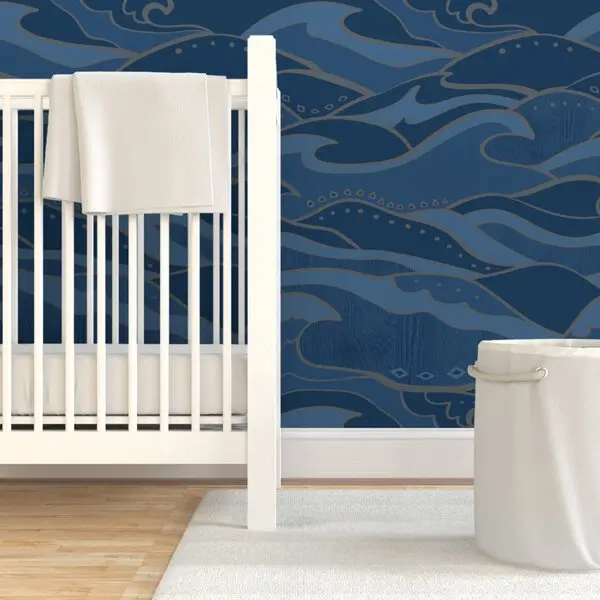 Spoonflower Monochromatic Dark Navy Ocean Waves Tide Custom Pre-pasted Wallpaper - Blue
