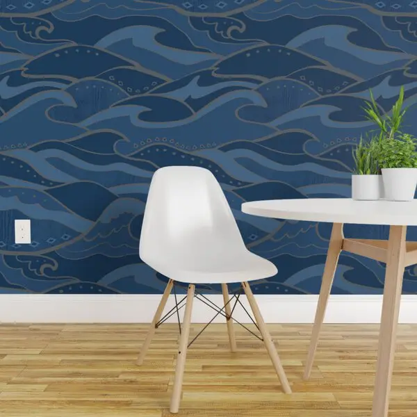 Spoonflower Monochromatic Dark Navy Ocean Waves Tide Custom Pre-pasted Wallpaper - Blue