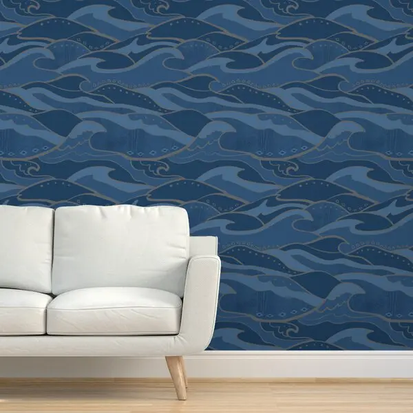 Spoonflower Monochromatic Dark Navy Ocean Waves Tide Custom Pre-pasted Wallpaper - Blue