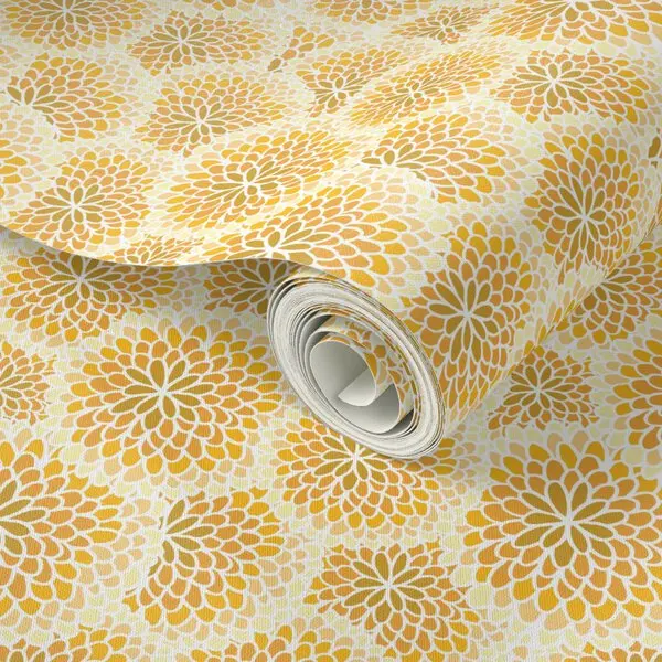 Spoonflower Floral Yellow Orange White Bright Custom Removable Wallpaper - Yellow,beige,orange