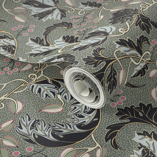 Spoonflower Vintage Victorian Art Nouveau Olive Green Custom Removable Wallpaper - Green,black,gray