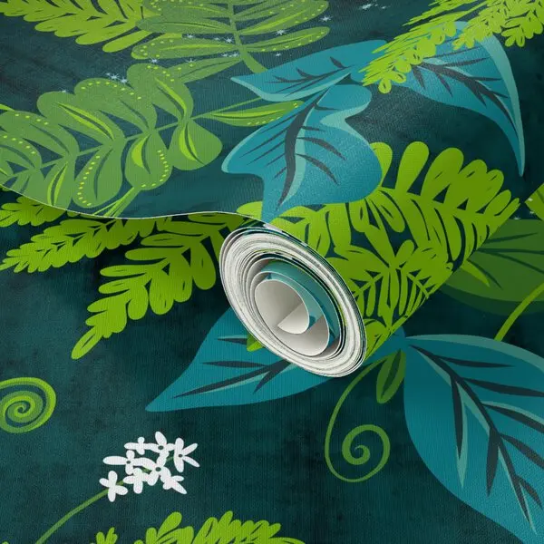 Spoonflower Magic Forest Nature Green Leaves Aqua Ferns Custom Pre-pasted Wallpaper - Green,blue