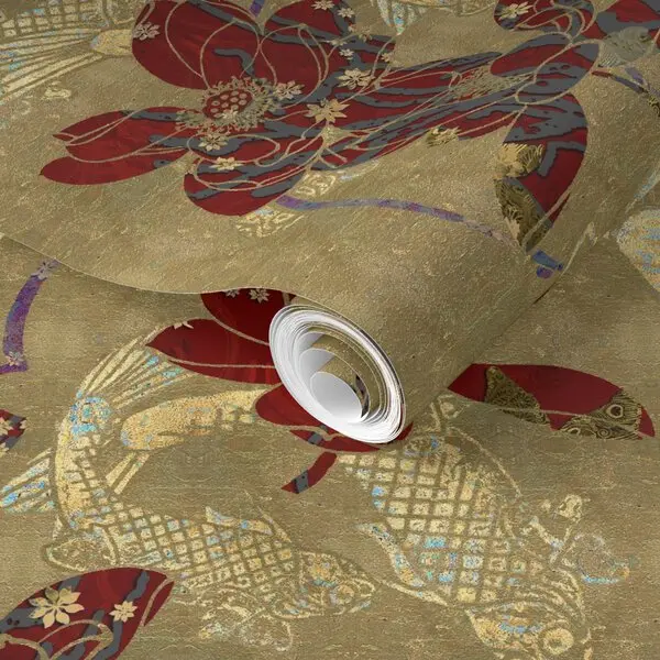 Spoonflower Red Gold Chinese Japanese Fish Koi Lotus Custom Pre-pasted Wallpaper - Brown,beige