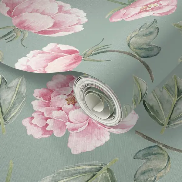 Spoonflower Rose Vintage Watercolor Flower Botanical Custom Pre-pasted Wallpaper - Pink,green,red
