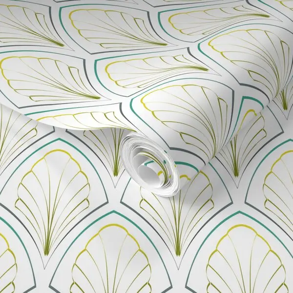 Spoonflower White Teal Gold Geometric Art Custom Pre-pasted Wallpaper - Gray,green,sage