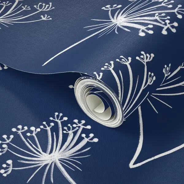 Spoonflower Queen Annes Lace Flowers Floral White And Navy Custom Removable Wallpaper - Blue,white,navy