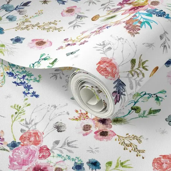Spoonflower Wild Meadow White Flowers Spring Summer Floral Traditional Wallpaper - White,pink,gray