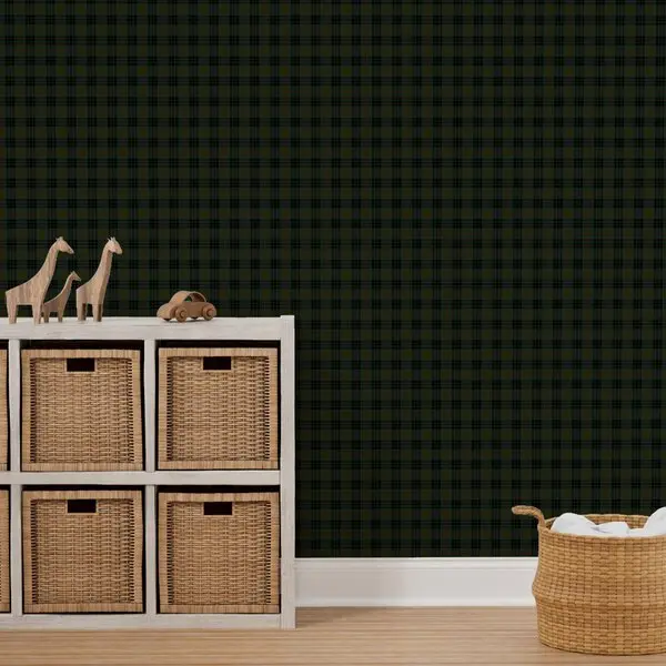 Spoonflower Black Green Plaid Gold Gingham Check Tartan Custom Pre-pasted Wallpaper - Black,green,gold