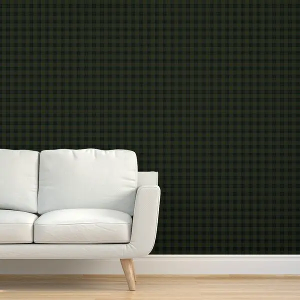 Spoonflower Black Green Plaid Gold Gingham Check Tartan Custom Pre-pasted Wallpaper - Black,green,gold