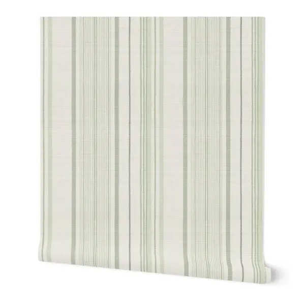 Spoonflower Soft Greens Double Anderson Stripe 100% Natural Sisal Grasscloth Wallcovering