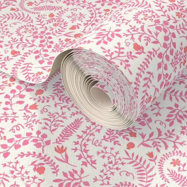 Spoonflower Veronica Valentine On White 100% Natural Sisal Grasscloth Wallcovering - Pink,white