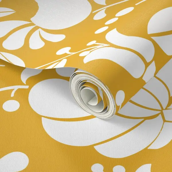 Spoonflower Butter Yellow Hungarian Inspired Traditional Custom Removable Wallpaper - Yellow,white,beige