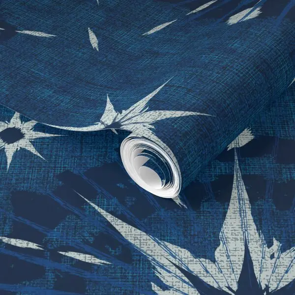 Spoonflower Star Stars Monochromatic Starburst Shibori Custom Pre-pasted Wallpaper - Blue