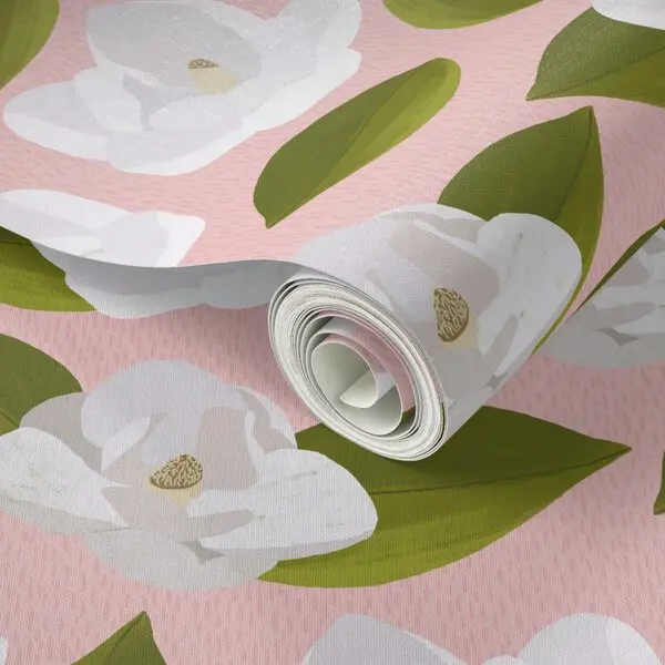 Spoonflower Magnolias Pink Flowers Tree Bold Texas Floral Custom Removable Wallpaper - Pink,white,gray
