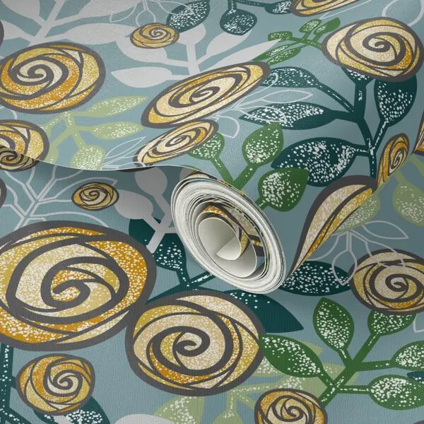 Spoonflower Blue And Yellow Green Rose Floral Roses Custom Removable Wallpaper - Gray,green,brown
