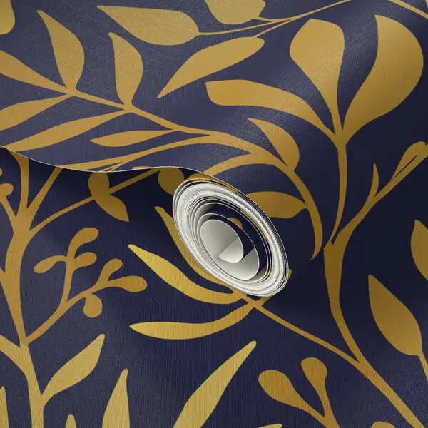 Spoonflower Black Floral Gold Leaf Navy Vine Custom Removable Wallpaper - Yellow,black,brown