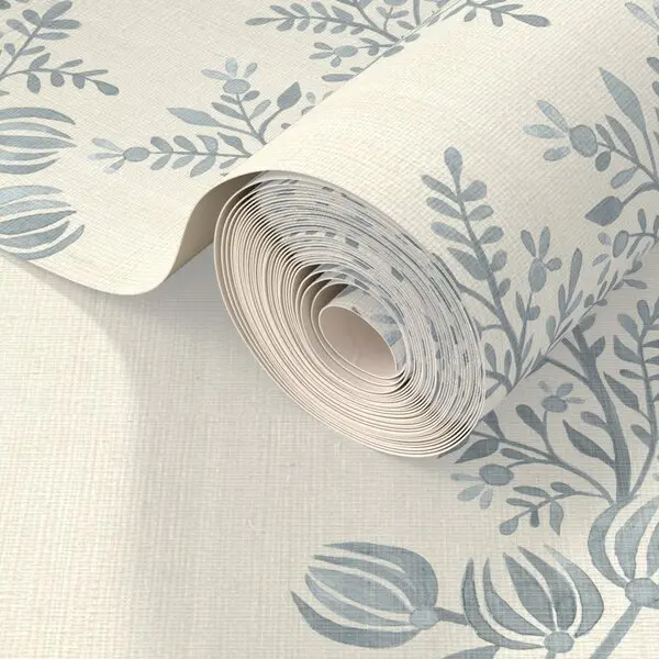 Spoonflower Soft On Cream Emma Floral Toss 100% Natural Sisal Grasscloth Wallcovering - Blue